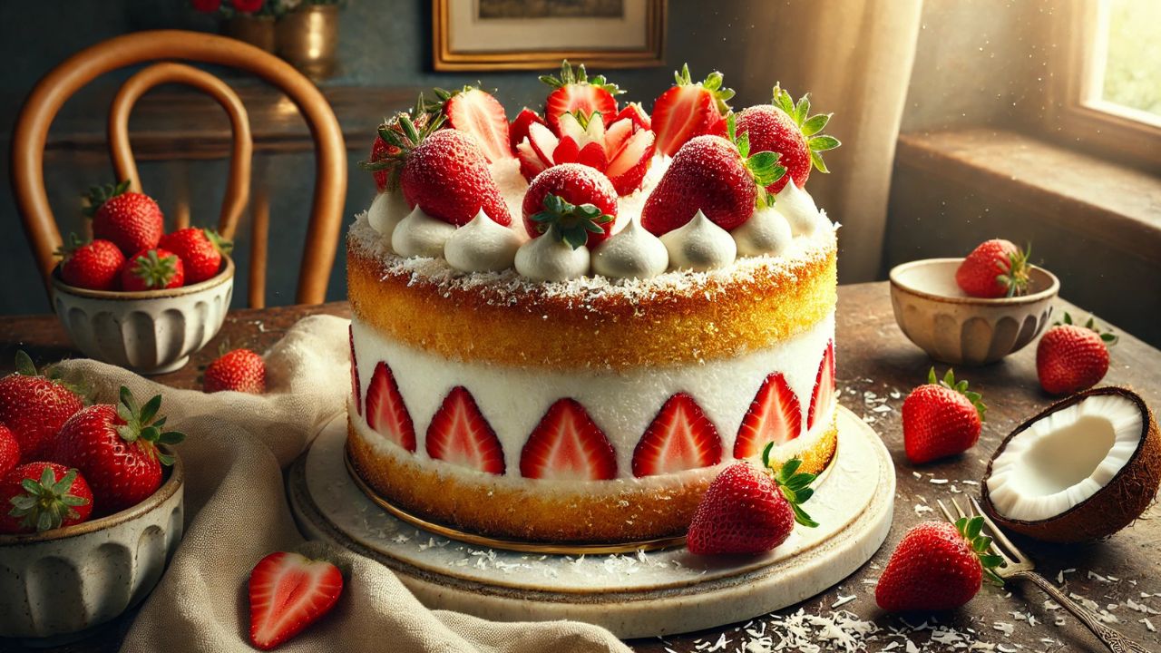 Bolo fofo com recheio de coco e morangos - Era Sideral